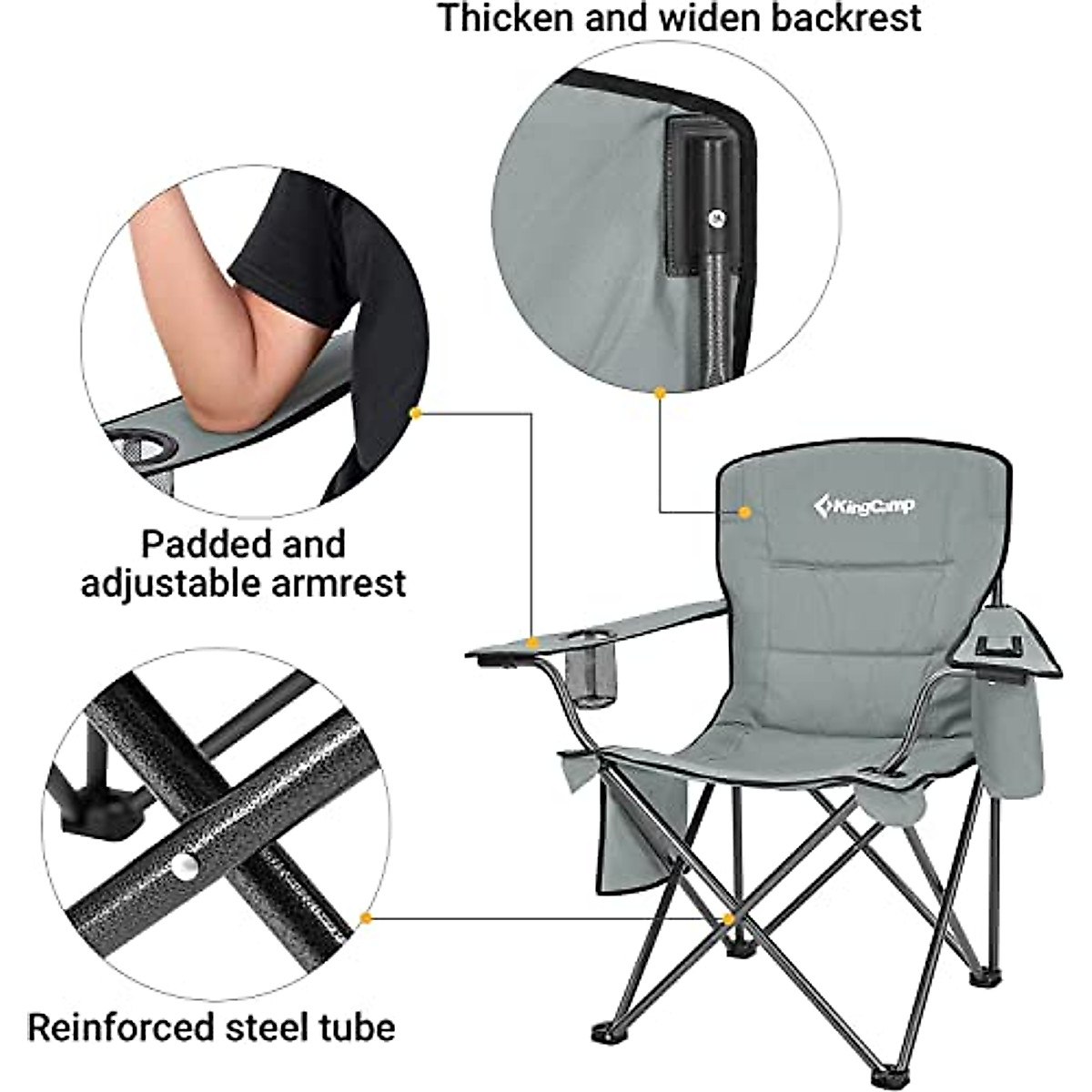 KingCamp Oversized Folding Camping Chair for Adults Portable Outdoor Lawn Heavy Duty with Cooler, Cup Holder, Side Pocket,Carry Bag, 2 Pack, Grey