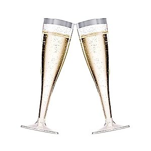 BloominGoods 50 Plastic Silver Glitter Champagne Flutes | 7 oz. Clear Hard Disposable Party & Wedding Glass | Premium Heavy Duty Fancy Cup (50-Pack)