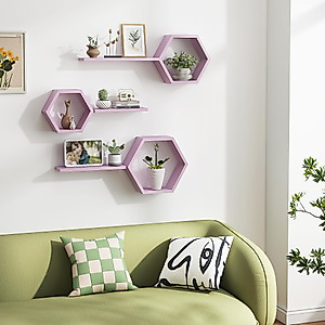 LUDORU Wooden Hexagon Floating Shelves Wall Mounted,Set of 6 Pine Hexagon Shelves Display for Photos,Plants,Rustic Honeycomb Shelves for Living Room,Bedroom,Bathroom, Kitchen, Office Decor, Pink