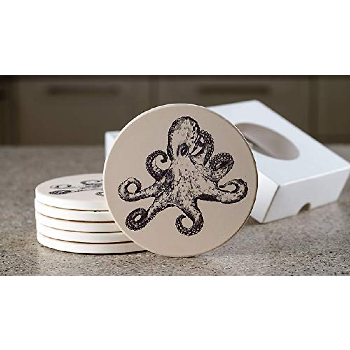 Octopus Coasters - Octopus Table - 6 Octopus Coasters for Drinks - Nautical Coasters Stone Absorbent Beige Ceramic 4.13 inch - Beach Theme - Coastal Coasters - Steampunk Coasters Set Gift