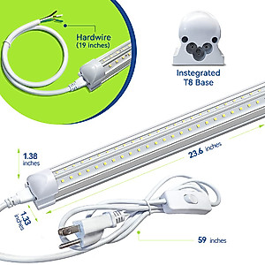 Monios-L LED Shop Light 2FT 5000K 20W, T8 V-Shaped 2500lm Daylight,Linkable Utility Ceiling Lights, Garage Lighting, Integrated LEDs Tubes for Workshop, Workbench, Basement, Plug & Play 6-Pack