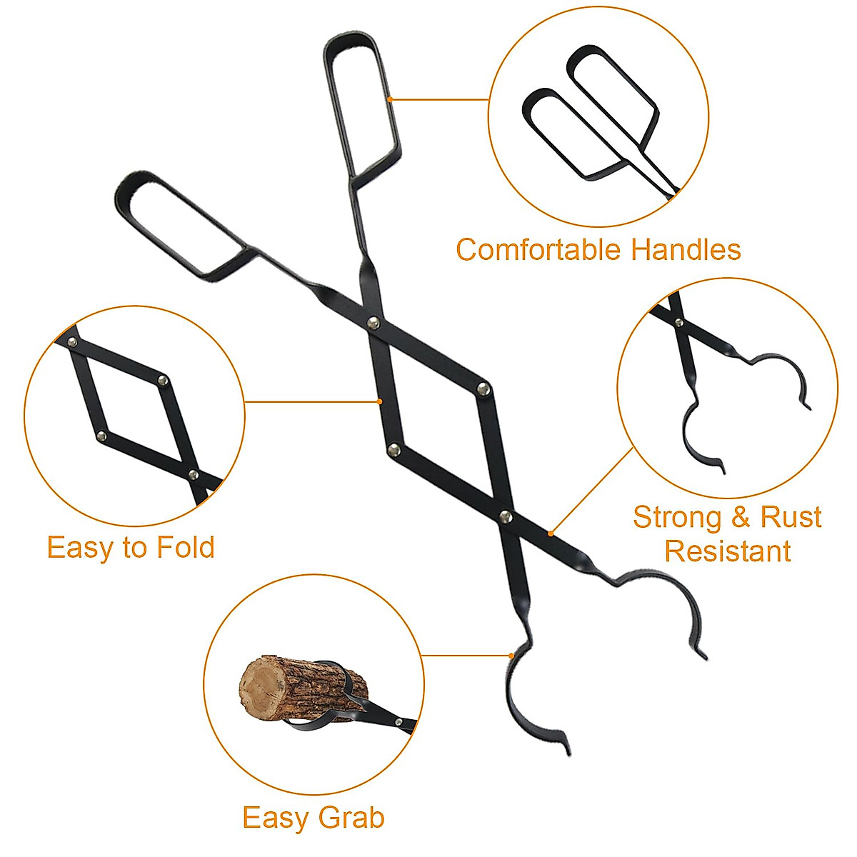 VODA Fire Poker and Fireplace Tongs Set - 31" Campfire Poker with Blow Poke Function, 24" Firewood Tongs, 2 Part Assembled Fire Pit Poker, Log Grabber for Firepit Bonfire Wood Stove Fireplace