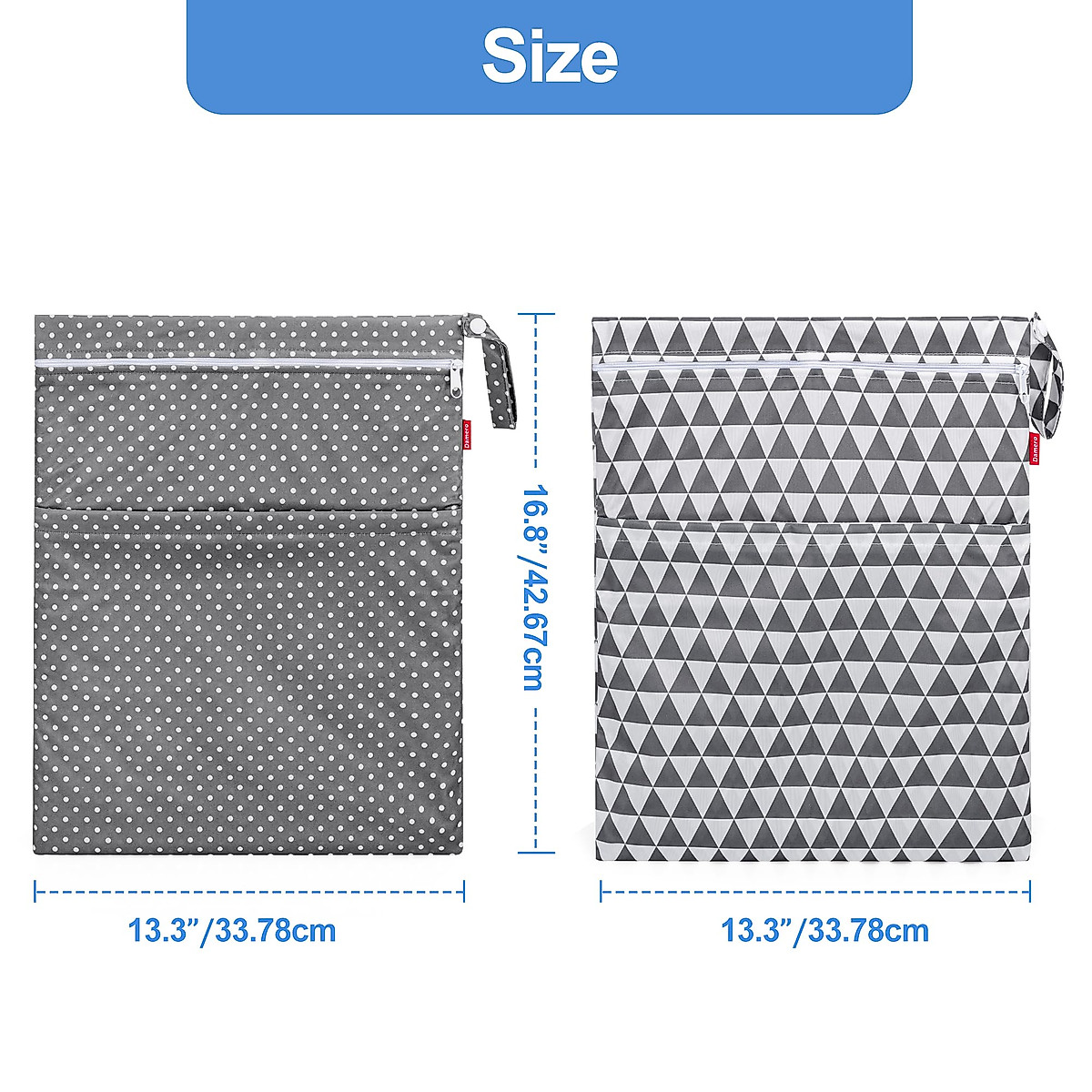 Damero 2 Pcs Large Travel Laundry Bag, Large Wet Dry Bag with Handle for Cloth, Washable Dirty Clothes Bag Bathing Suit Workout Bag for Gym Laundry Swimming Yoga, Gray Triangle+ Gray Dots