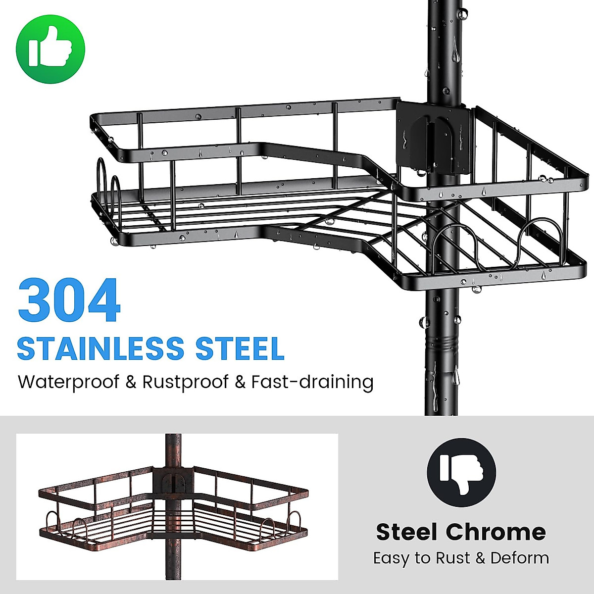 Aitatty Corner Shower Caddy Tension Pole: 4tier adjustable Rustproof Bathroom Organizer Shelves - Bathtub shampoo rack 43.5-120 inch