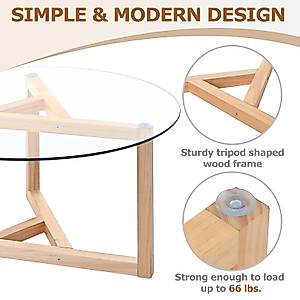 Round Accent Coffee Table, Modern Cocktail Table with Tempered Glass Top and Sturdy Wood Base, Sofa End Table Center Table for Living Room, Office, Small Spaces, Easy to Assemble, Natural