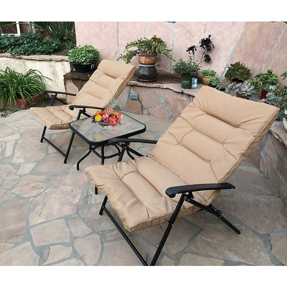 SUNCROWN 3-Piece Outdoor Furniture Patio Padded Folding Chair Set Patio Bistro Set Foldable Adjustable Reclining Lounge Chair with Coffee Table, Khaki