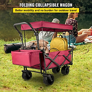 Collapsible Garden Cart with Removable Canopy, XL Folding Wagon Utility Carts for Camping, Grocery, and Shopping, Red