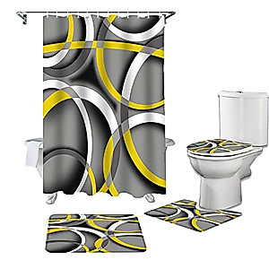 EwdeWwo Modern Art 4 Piece Shower Curtain Sets with Non-Slip Rugs, Toilet Lid Cover and Bath Mat, Yellow Gray and White Circle Abstract Geometric Shower Curtain with Hooks, Durable and Waterproof