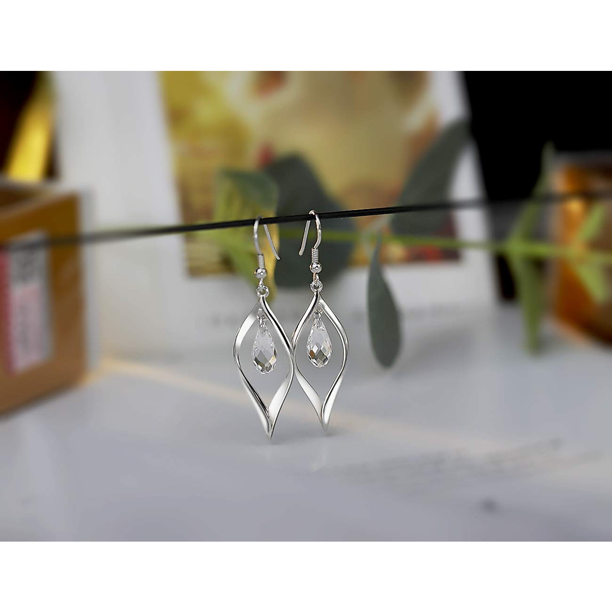 Clearance Swarovski Crystal Twist Leaf Style Fashion 925 Sterling Silver Dangle Earrings for Women in Gold-Plated