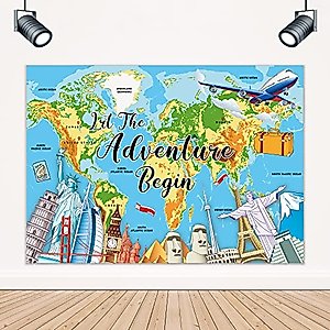 LIGHTINHOME World Map Backdrop 7Wx5H Feet Around The World Let The Adventure Begin Adventure Awaits Kids Baby Shower Graduation Going Away Photography Background Decorations Photo Booth Studio Prop