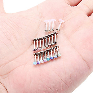 SCERRING 20PCS 16G 8mm Stainless Steel Labret Monroe Lip Ring Tragus Nail Helix Earring Stud Piercing Jewelry with 3mm Clear CZ Opal