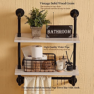 ROGMARS Industrial Pipe Shelving Bathroom Pipe Shelves with Towel Bar,2 Tier 24 inch Retro White Rustic Farmhouse Pipe Industrial Wall Shelves Bathroom Shelves Over Toilet for Storage