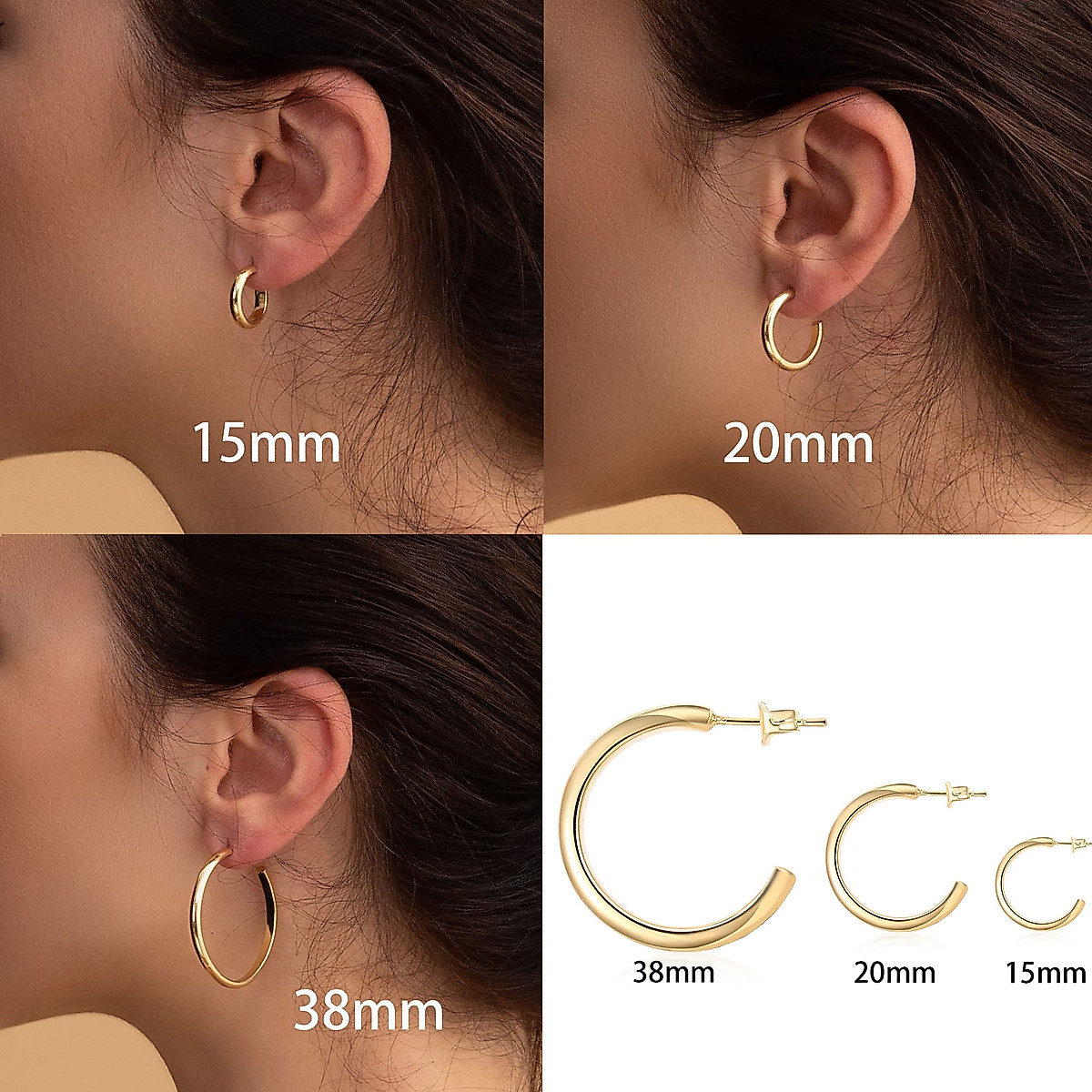 14K Gold Hoop Earrings for Women, Open Hoops Chunky Gold Hoops for Women with Silver Post, Hypoallergenic Hoops Earrings Lightweight for Women |15mm, 20mm, 38mm