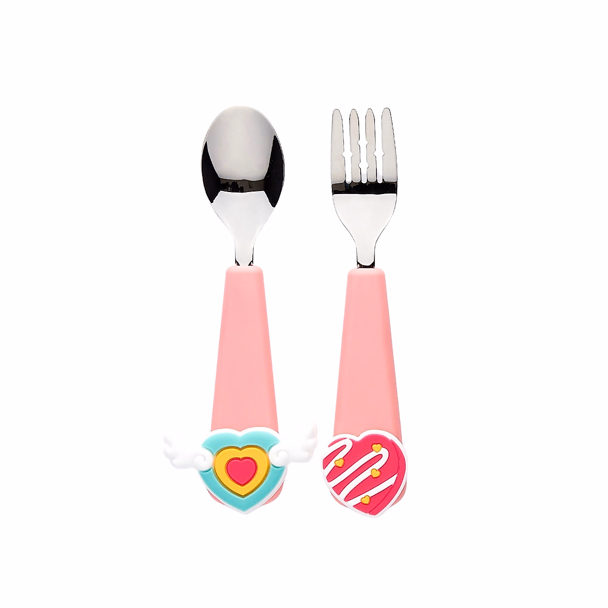 Flex&Lock Flexwarez Kids Utensil Set with Flexcharmz Silicone Charms Accessories - Easy to Decorate Spoon and Fork - Fun lunch for Toddler and Kids - Unicorn World Theme/ 2 Pack/Heart & Heart Donut