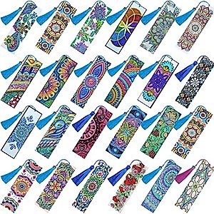 Zhehao 24 Pcs 5D Diamond Painting Bookmarks Floral Rhinestone Bookmarks Diamond Art Bookmarks Leather DIY Bookmarks Beaded Painting Bookmark with Tassel for Kids Adults DIY Art Craft Supplies