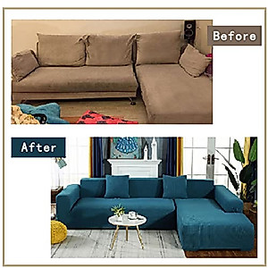 OITTO L Shaped Stretch Sofa Cover,Sectional Sofa Cover,Thickened Elastic Covers for Kids Pet Sofa - 4 Seater Navy Blue Universal Furniture Protector (235~300cm)
