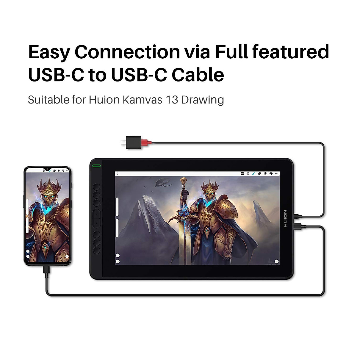 HUION Full-Featured USB-C to USB-C Cable USB 3.1 GEN 2 DP1.2 Supported Suitable for Kamvas 12/13/16(2021)/22/24/22 Plus/24 Plus/Pro 13 (2.5K)/Pro 16 (2.5K)/Pro 16 (4K)/Pro 16 Plus (4K)/Pro 24(4K)