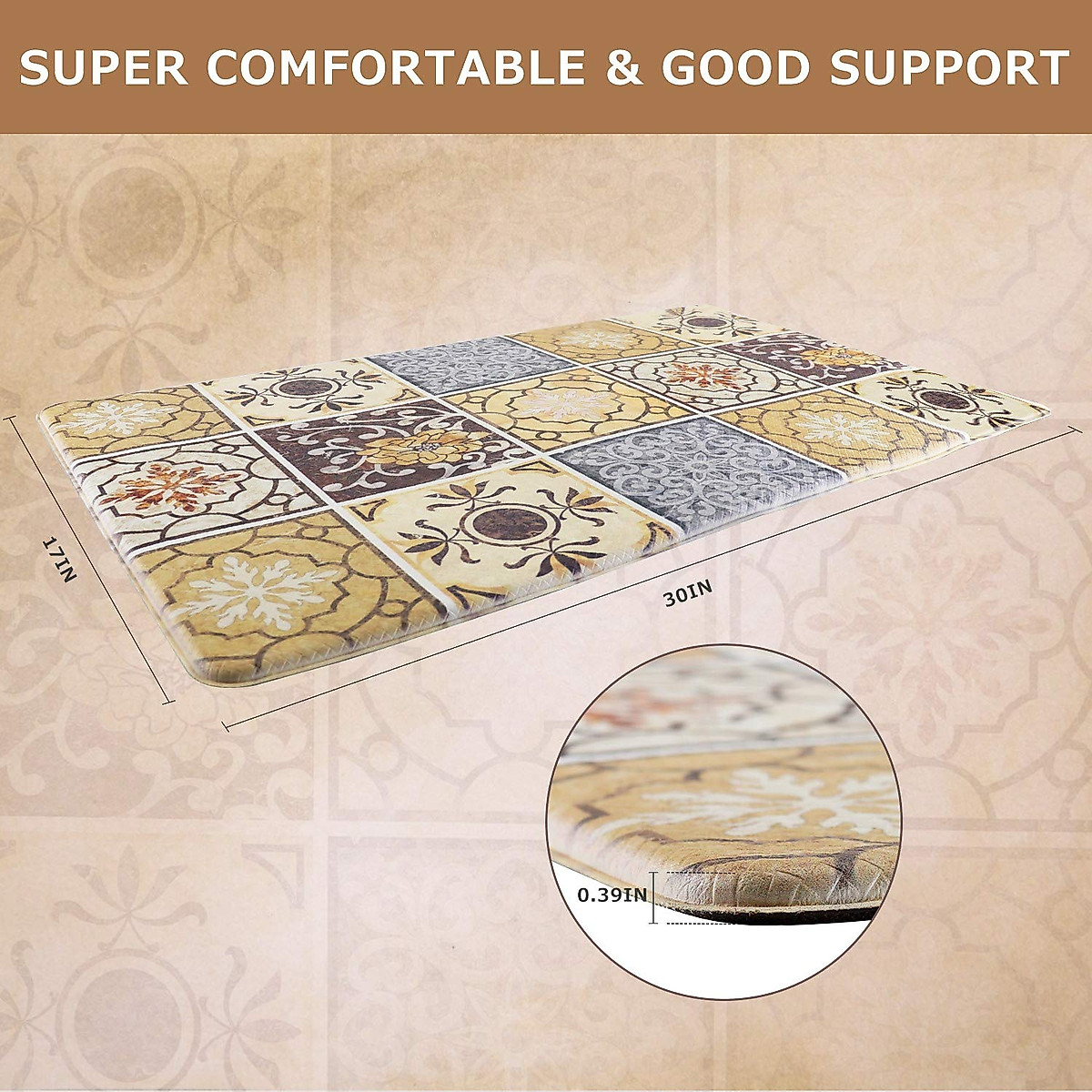 Kitchen Rug,Memory Foam Kitchen Mat 17"×30" Anti Fatigue No-Slip Comfort Area Rugs Water Proof & Oil Proof Throw Carpet Decor for Kitchen Office Front Door Sink and Living Room(Brown)