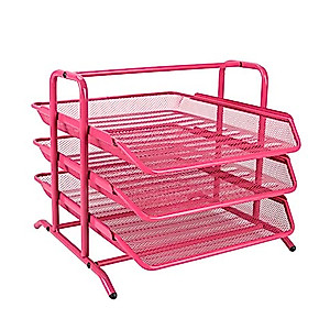 EasyPAG Desk Organizer Tray with 3 Sliding Trays for Letters Documents Mail Files Paper, Pink