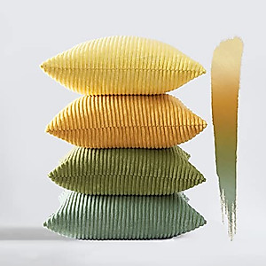 Topfinel Spring Throw Pillow Covers 18x18 Inch Set of 4,Striped Corduroy Sage Green Yellow Color-Clash Design,Decorative Cushion Cover,Pillow Case for Bedroom Couch Sofa Living Room,Summer Home Decor