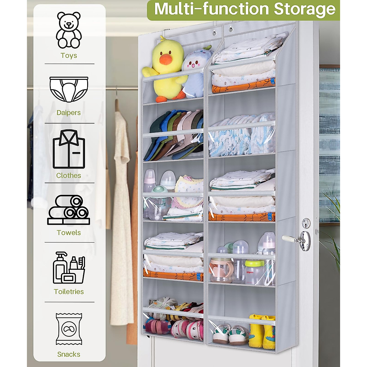 AOODA 2 Pack Over the Door Organizer, Large Capacity Closet Door Hanging Organizer, Clear Deep Pockets Baby Organizer Storage for Nursery, Bathroom, Bedroom, Pantry, Diapers (Grey)