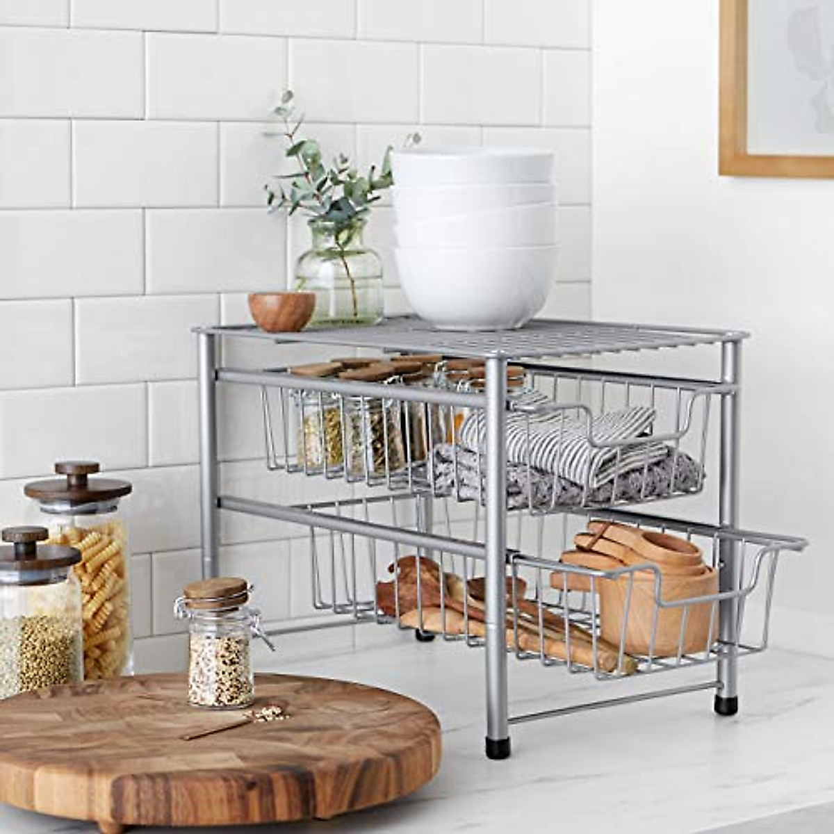 Amazon Basics 2-Tier Sliding Drawers Basket Storage Organizer, Silver