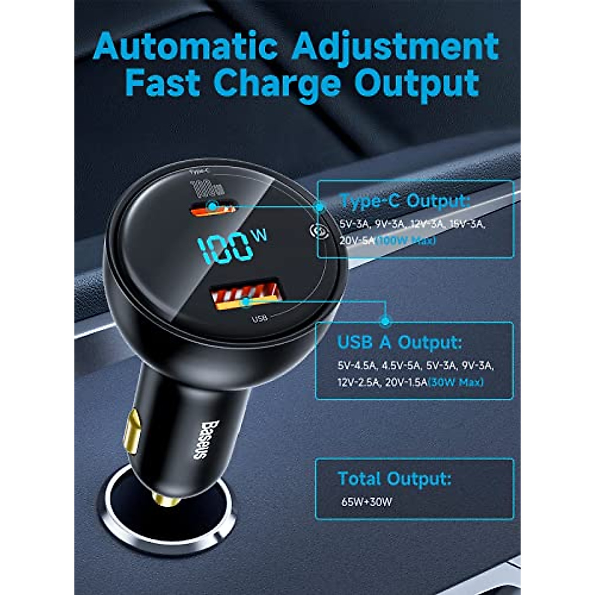 Baseus 100W USB C Car Charger, PPS PD3.0 QC4.0 Super Fast Charging Type C Car Charger with LED Display Adapter Compatible with MacBook Pro Laptop iPad iPhone 14/13 Pro Max Samsung S22 S21 Ultra/Tab S8