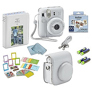 Fujifilm Mini 12 Instant Camera Deluxe Bundle: Includes Mini Film Value Pack (60 Shots) + 60 Shots of Film + 1 Carrying Case/Strap + 1 Bluebirdsales Cleaning Cloth + Photoframe Stickers (Clay White)