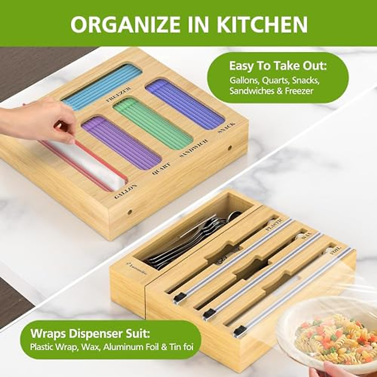 Lawmoliw Bag Storage Organizer for Kitchen Drawer, 9 in 1 Foil and Plastic Wrap Dispenser with Cutter, Bamboo Plastic Bag Food Baggie Organizer for Gallon, Quart, Sandwich, Snack, Freezer
