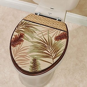Touch of Class Key West Elongated Toilet Seat Multi Warm - Tropical Style Decor - Painted by Hand - Metal Hinges Rust Resistant - Dimensional Leaves Design - Island Decor for Bathroom