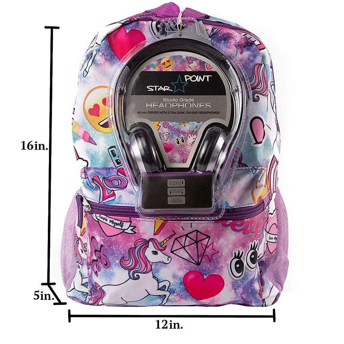 Fab Starpoint Unicorn Backpack for Girls with Headphones – Large, 16 inch, Girls School Backpack Set