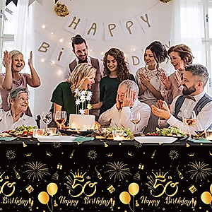 Remagr 3 Pack 50th Happy Birthday Tablecloth Disposable Plastic Table Cover Rectangular Black and Gold Cloths for Parties Decoration Supply Men Women Birthday, 54 x 108 Inch(50th), 54'' 108''