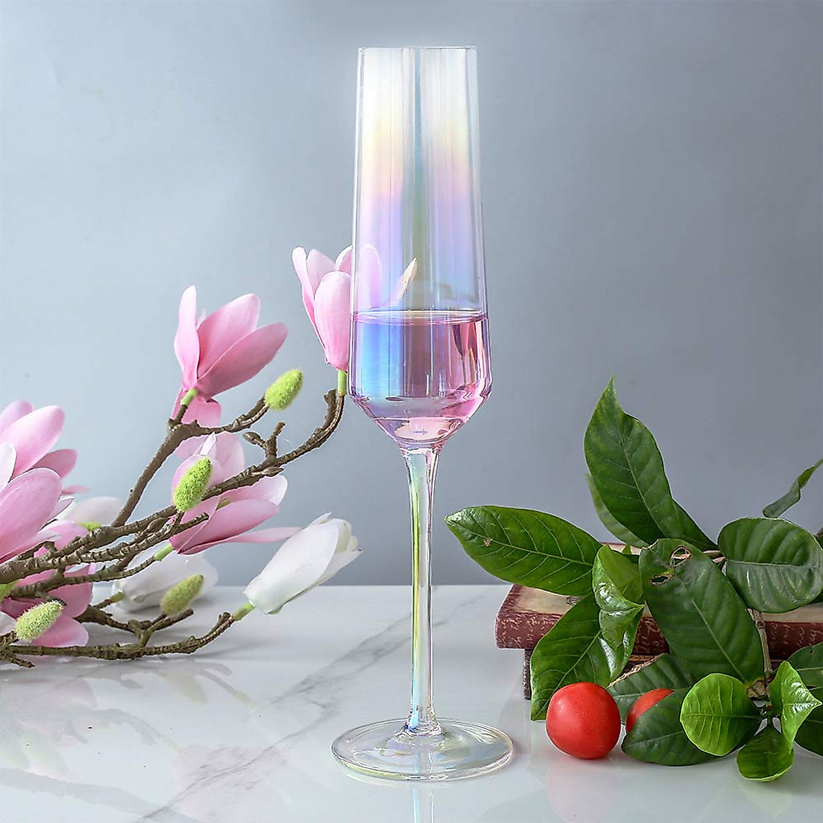 Gutsdoor Crystal Champagne Flutes Glass Set of 2 Iridescent Champagne Glass Flutes Wedding Christmas Valentine Cheers Champagne Flutes