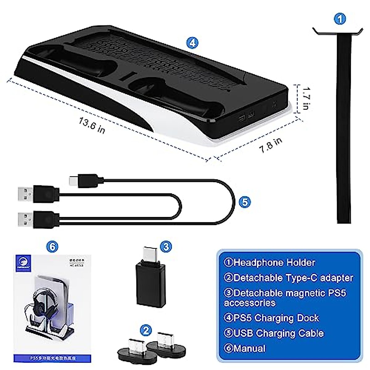 PS5 Cooling Station with RGB LED for Playstation 5 Console, Grathia Dual Fast PS5 Controller Charging Station with Cooling Fan, PS5 Controller Charging Doking Station with 12 Games & Headset Holder