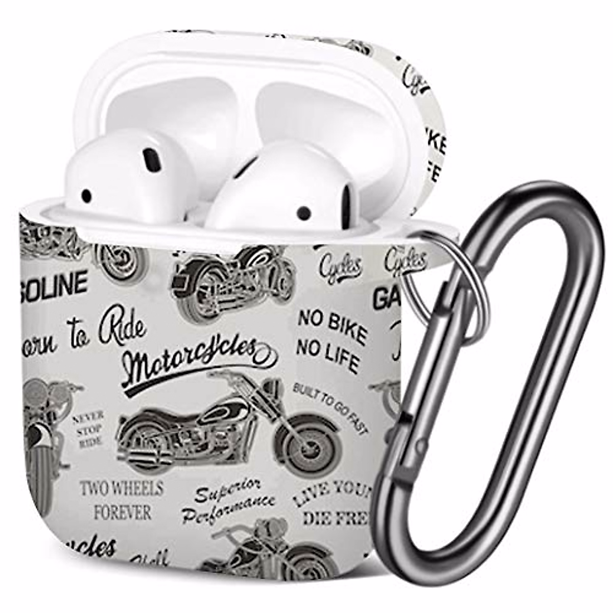 [ Compatible with AirPods 2 and 1 ] Shockproof Soft TPU Gel Case Cover with Keychain Carabiner for Apple AirPods (Motorcycle Silhouette)