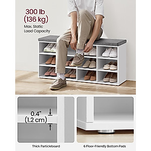 VASAGLE Shoe Bench with Cushion, Storage Bench with Padded Seat, Entryway Bench with 12 Compartments, for Bedroom, 11.9 x 40.9 x 18.9 Inches, Cloud White and Dove Gray ULHS012W14