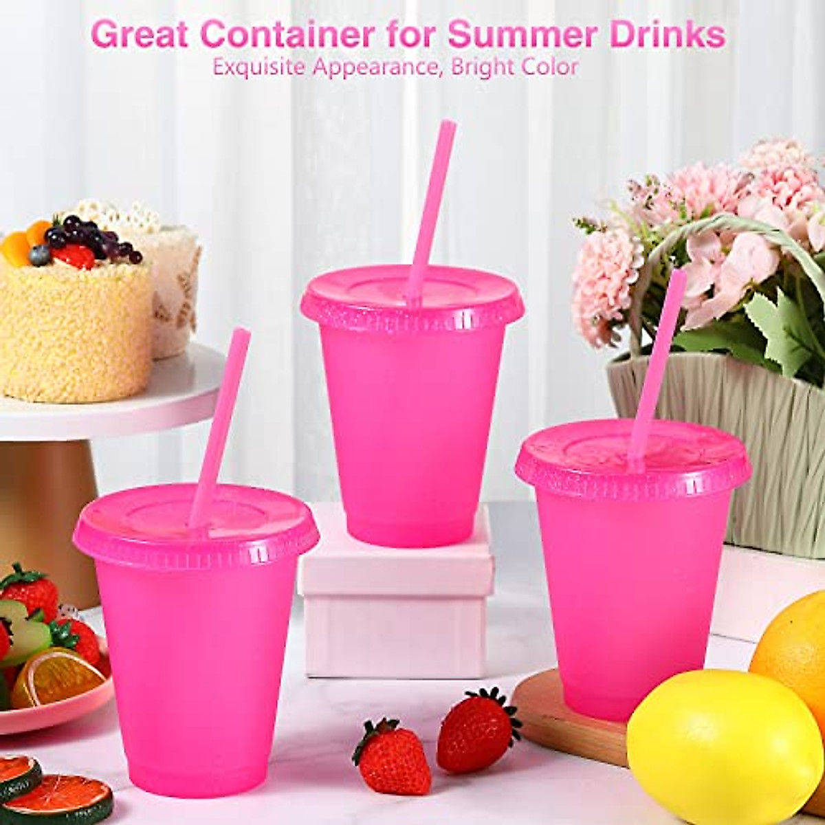 Rtteri 15 Pcs Reusable Kids Cups with Straws and Lids 16 oz Glitter Rose Red Kids Tumblers Plastic Party Favor Cups with Lids Travel Mug Cup for Smoothie Coffee Iced Beverage Water Parties Birthdays