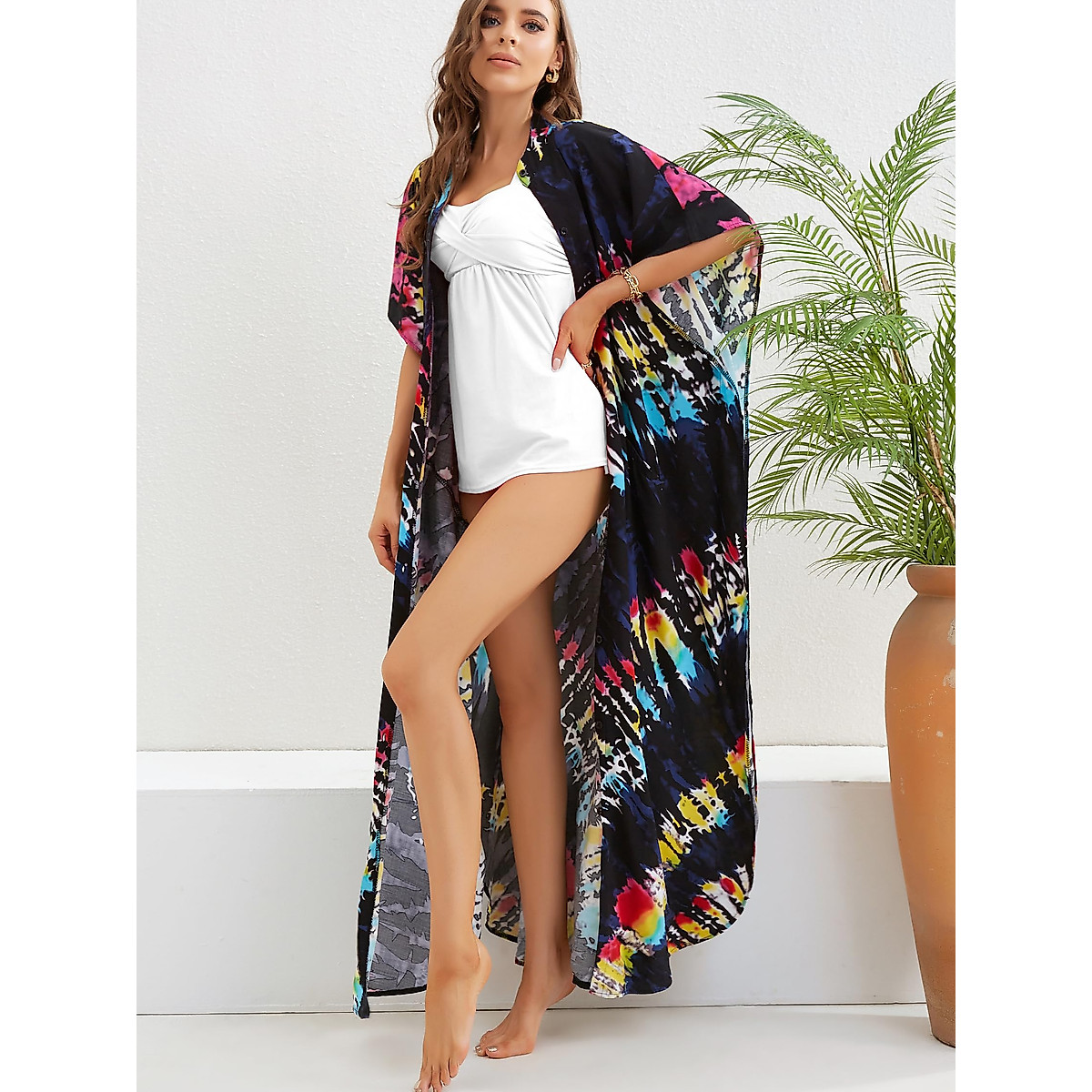 SMUDGE Life Kaftan Dresses for Women Loose Fit Button Up Caftans with Pockets for Stylish Cover Up