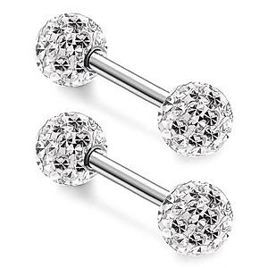 ZHIYAOR Never Fall out Crystal 14G Studs Nipple Rings Piercing Barbell Anti-allergy Surgical Steel Pairs (White)