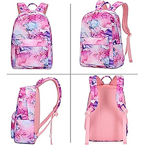 Biesena.h Backpack For Girls School Backpack Set With Lunch Box Kids Book Bag Toddler Backpack Waterproof Travel Bag (Red-Marble)