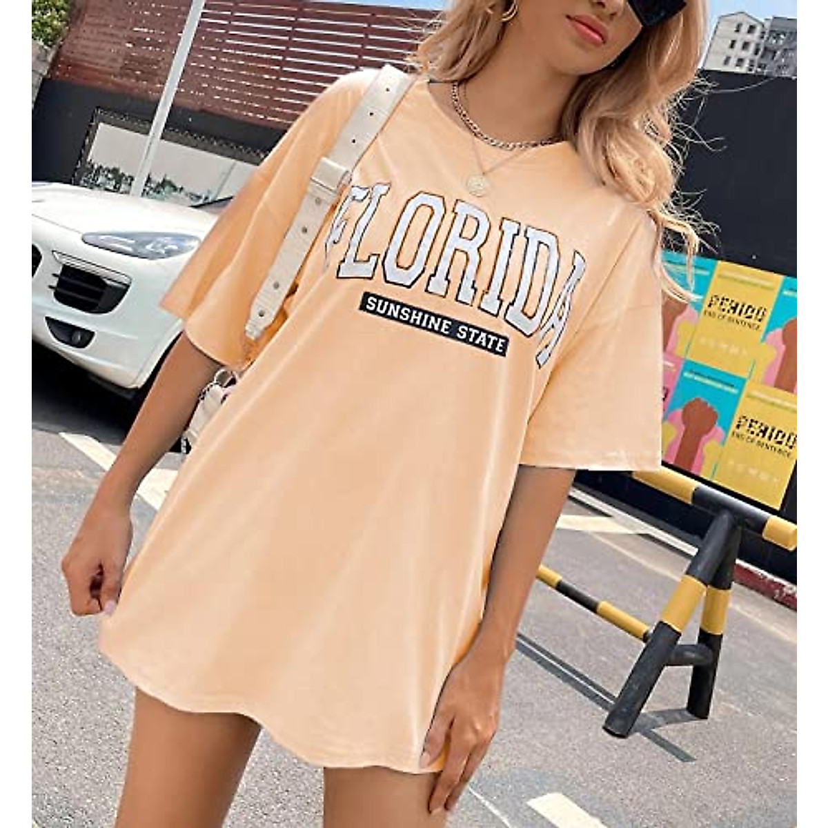 MISSACTIVER Women Florida Letter Graphic Print Tee Shirt Oversized Short Sleeve Crew Neck Drop Shoulder Casual T-Shirt Tops Apricot