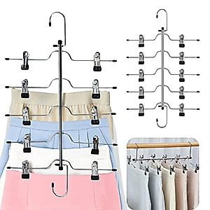 5 Tier Metal Skirt Hangers for Women, Pants Hanger Space Saving with Non Slip Adjustable Clips,Durable Heavy Duty Trouser Hangers for Jeans, Slacks, Shorts - 2 Pack