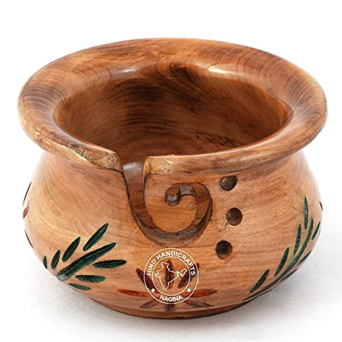 Hind Handicrafts Floral Handcrafted Wooden Portable Yarn Storage Bowl - Solid Dark Handmade Crafted - Holder for Knitting Crochet Hook Accessories - Bag Included (Design-1, 6" x 6" x 4")