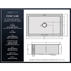 FSW1100 LUXURY 33-INCH HEAVY 12-GAUGE DARK PATINA COPPER FARMHOUSE SINK, INCLUDES ACCS, FLAT FRONT