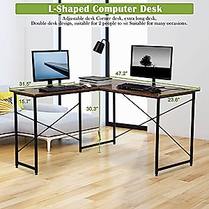 Lucky Shop L-Shaped Desk 47" Corner Computer Desk, Gaming Table with Sturdy X Leg, Adjustable Wood PC Desk, Modern Ergonomic Racing Style Study Desk Workstation, Space-Saving for Home Office, Brown