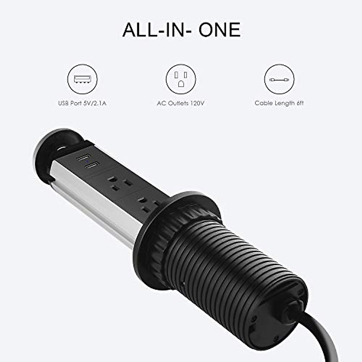 Pop Up Outlet for Kitchen Countertop,2.5" Hole Size Grommet Power Pop Out Outlet with USB,Pulling Pop Up Socket for Home,Office Worktop,Telescoping Power Solution,6ft Power Cord