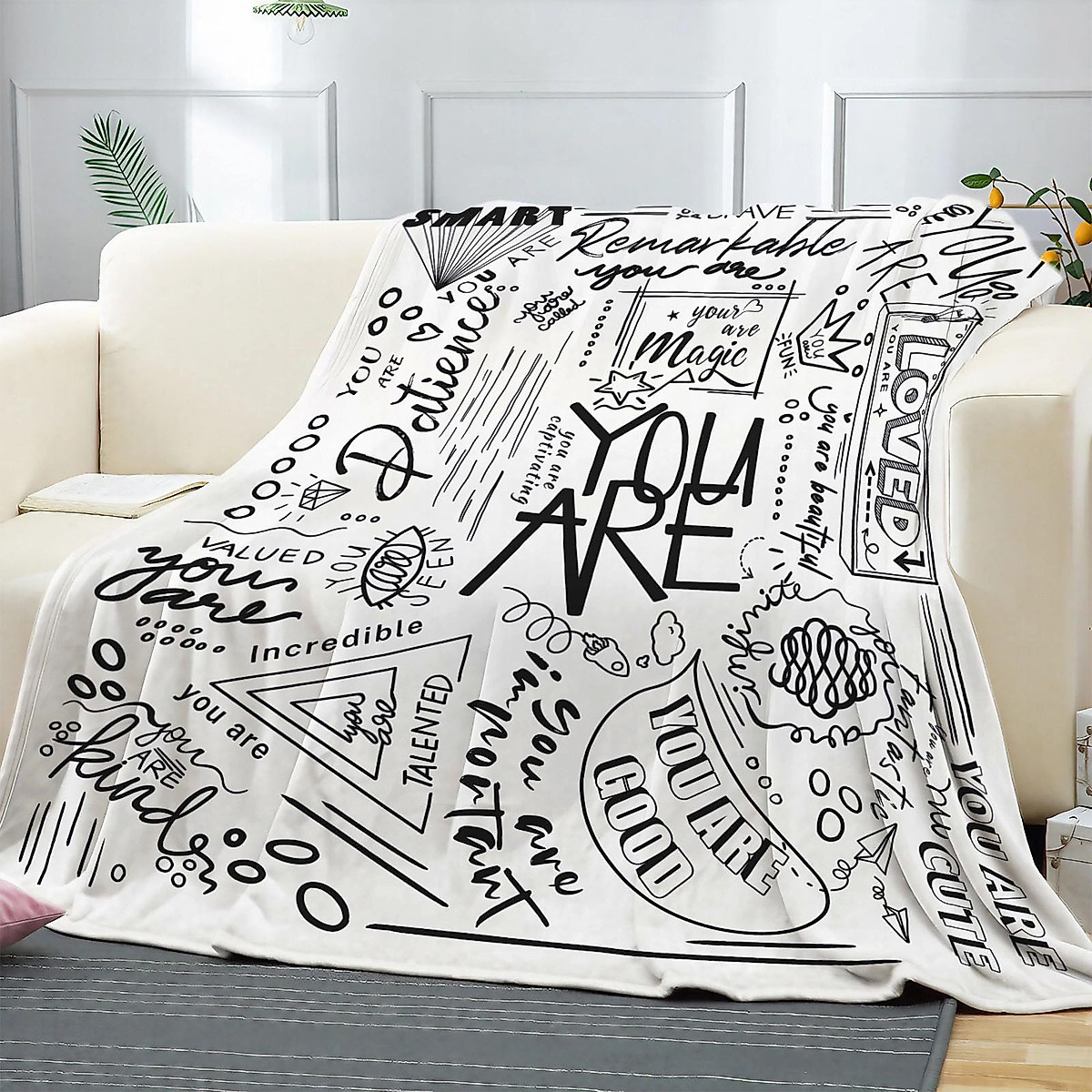 Kanuyee Inspirational Quote Throw Blanket, Positive Psychological Hint Word You are Cozy Decor Nap Cash Blankets Gift for Teens Kids Children Student College Dorm Throws Black and White 40×50 inches
