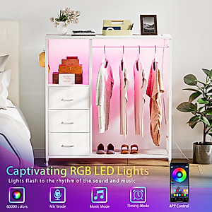 LAKEMID Dresser with Hanging Rack, Cute Wardrobe Dresser with Charging Station and LED Lights, White Dresser with 3 Drawers and 2 Tier Shelves, for Hallway, TV Stand Use