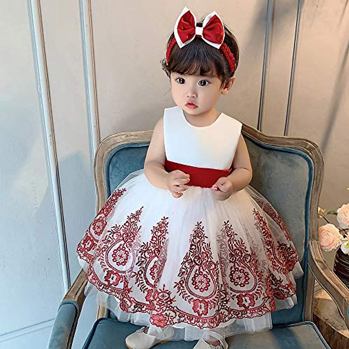 AVAZU 0-6T Easter Big Bowknot Pageant Lace Embroidery Dress Toddler Baby Girls Party Ball Gown Dress Tutu Gown Formal Dresses with Headwear Red+White 70