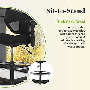 HON Prominent Standing Desk Stool Adjustable Tall Office Chair with Foot Rest, High Back Support, Arms - Standing Desk Chair Ergonomic Office Chair Counter Height Drafting Chair Swivel Rolling Wheels